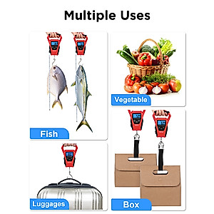 HEETA Waterproof Fish Scale Digital with Backlit LCD Display, 110lb/50kg Portable Hanging Scale Fishing Scale for Home and Outdoor, Measuring Tape and 2 AAA Batteries Included (Red)