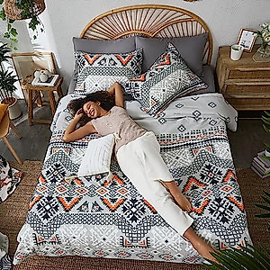 CASAAGUSTO Queen Comforter Set, 8 Pieces Gray Orange Boho Comforter Set, Microfiber Cozy Bohomian Bedding Set with Decor Pillow, Lightweight Breathable for All Seasons