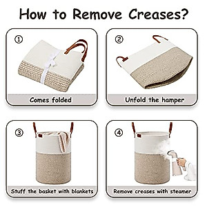 VIPOSCO Small Laundry Basket, Slim Baby Hamper with Leather Handle, Cute Woven Rope Storage Basket for Blanket, Kids Toy, Clothes In Living Room, Bathroom, Bedroom, Nursery Room - 30L White & Brown