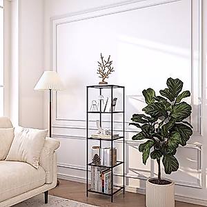 Homhedy 5-Tier Bookshelf,Metal Bookcase,Tempered Glass Shelves,Storage Rack Shelf for Home Office,Living Room,Bedroom, Bathroom,Modern Style, Black