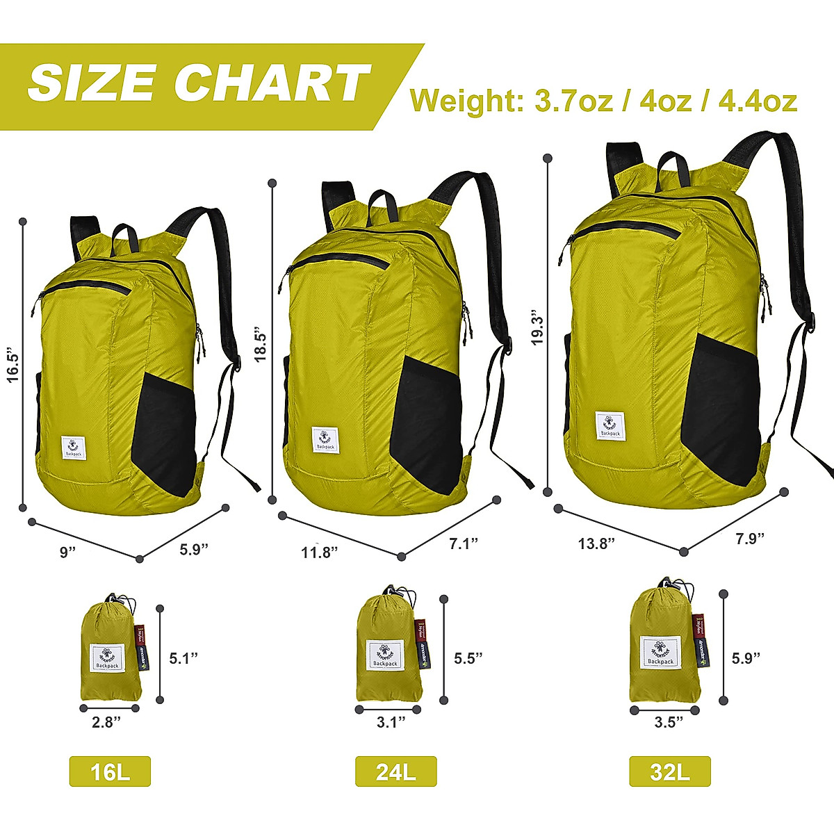 4Monster Hiking Daypack,Water Resistant Lightweight Packable Backpack for Travel Camping Outdoor (Yellow green, 16L)
