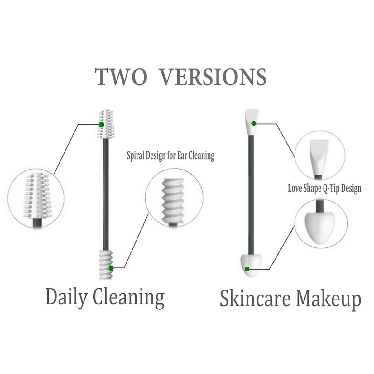 Upgraded Reusable Cotton Swabs 4 Pcs, Uramoto Silicone Ear Swabs Rough Friction Cotton Swabs for Ears Cleaning, Love Shape Swabs for Cosmetic Makeup Beauty-Black