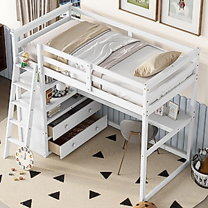 MERITLINE Twin Loft Bed with Desk and Storage, Wooden Loft Bed Twin with Shelves and Two Built-in Drawers for Kids Teens Boys Girls,No Box Spring Needed,White