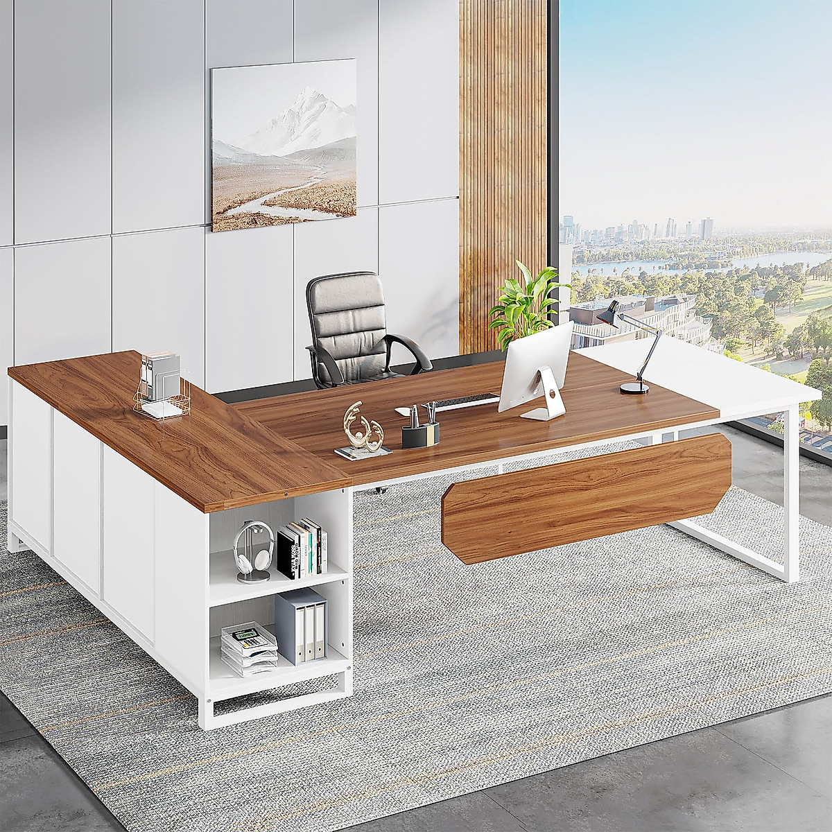Tribesigns 70.8" Executive Desk with 55" File Cabinet, Modern L Shaped Computer Desk with Storage Shelves and Cabinet, Large L Shaped Executive Desk for Home Office, Walnut & White