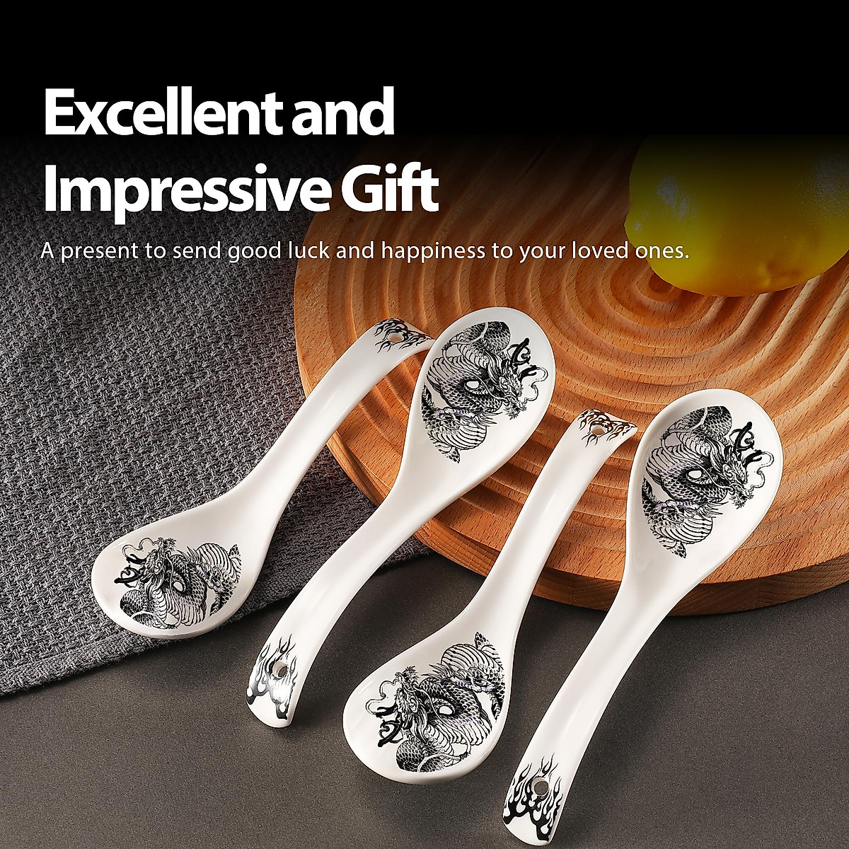 Dragon Ceramic Spoon Soup Spoons Asian Soup Spoon Chinese Korean Japanese Ramen Pho Miso Spoons Set of 4 with Hole 6.2 Inch