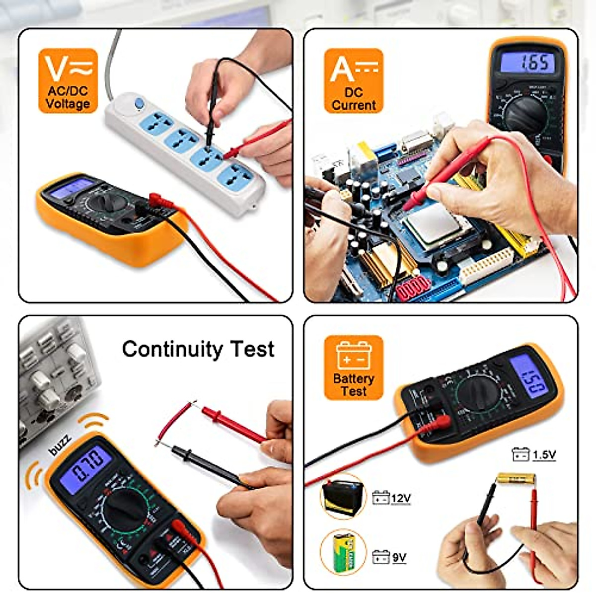Digital Multimeter Voltmeter Battery Circuit Multi Tester OHM Volt Amp AC DC Voltage Current Continuity Resistance Diodes Electrical Test Meter with Test Leads LCD Display