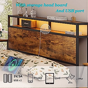 Gustonhon Industrial Queen Bed Frame with Headboard,Metal Bed Frame Queen Size with Storage Under-Bed,Mattress Foundation with LED Lights and Charging Station,2-Tier Storage Shelf (Queen)