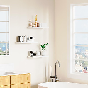 oridom Floating Shelves for Wall, White Wood Wall Shelf Set of 3, 16" Wall Mounted Floating Shelf for Kitchen, Living Room, Bedroom, Bathroom Storage, Book Shelf for Wall Home Decor, Frame Display