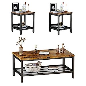 AWQM 3 Pieces Coffee Table Set, Industrial Coffee Table with 2 Square End Side Tables, Modern Living Room Table Set with Metal Frame for Apartment Home Office, Rustic Brown