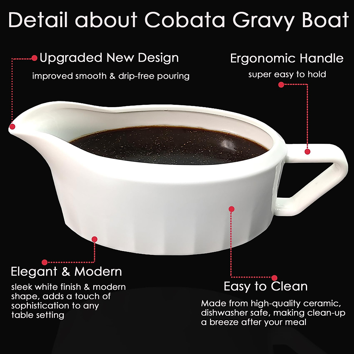 Cobata 24oz Large Capacity Gravy Boat - Upgrade Premium White Sauce Boat - Elegant Pouring Spout - Perfect for Serving Gravy, Sauces, Dressings - Dishwasher Safe