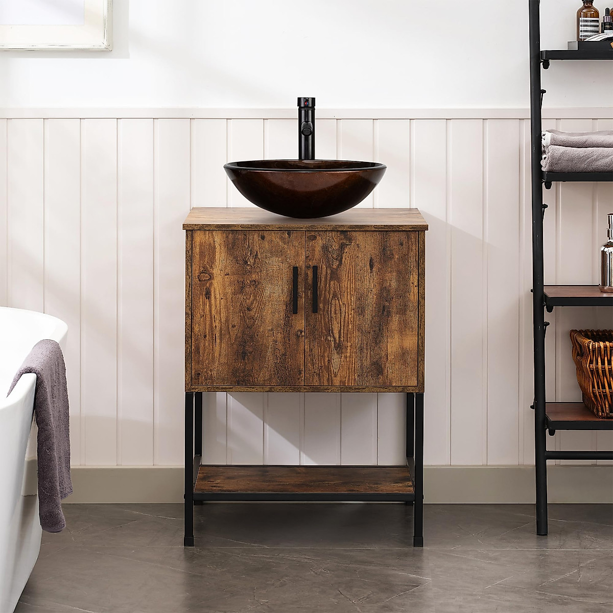 UEV 24" Antique Bathroom Vanity, Dark Brown Bathroom Vanity Set with Sink Combo, Iron Wood Bathroom Cabinet with Adjustable Water Temperature Faucet (A09)