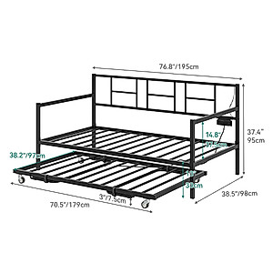 YITAHOME Twin Daybed with RGB LED Lights & Charging Station, Height Adjustable Day Bed Frame with Trundle, Versatile Metal Sofa Bed Frame for Bedroom, Living Room, Guest Room, Black