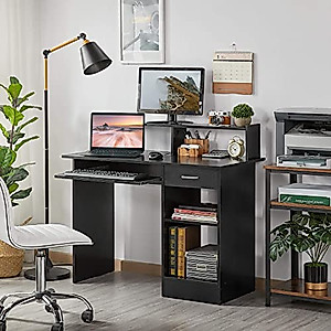 Yaheetech Home Office Wood Computer Desk with Drawers and Pull-Out Keyboard Tray, Study Writing Desk PC Laptop Table with Hutch and Storage Shelves, Modern Workstation, Black