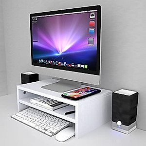 VLikeze White Monitor Stand Riser, 2 Tiers Computer Monitor Stand with Storage, Desktop Organizer Screen Shelf Laptop Riser Stand for Printer/TV/Notebook/PC, 16.5 Inches