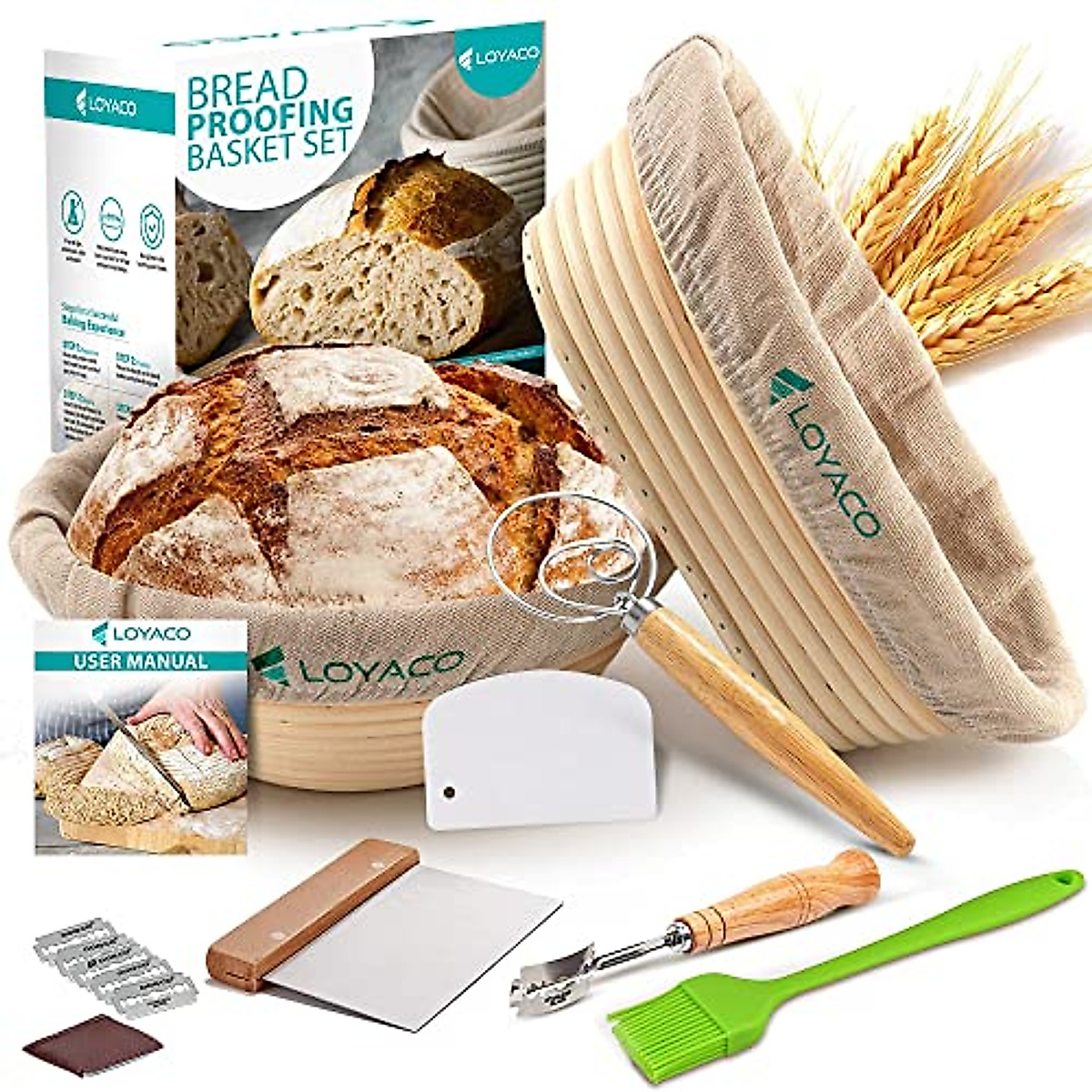 LOYACO 10pcs Banneton Bread Proofing Baskets 10" Round + 9" Oval Sourdough Proofing Basket Set with Dough Bowls, Bread Lame, Whisk, Dough Scrapers & Oil Brush - Bread Making Tools and Supplies Gift