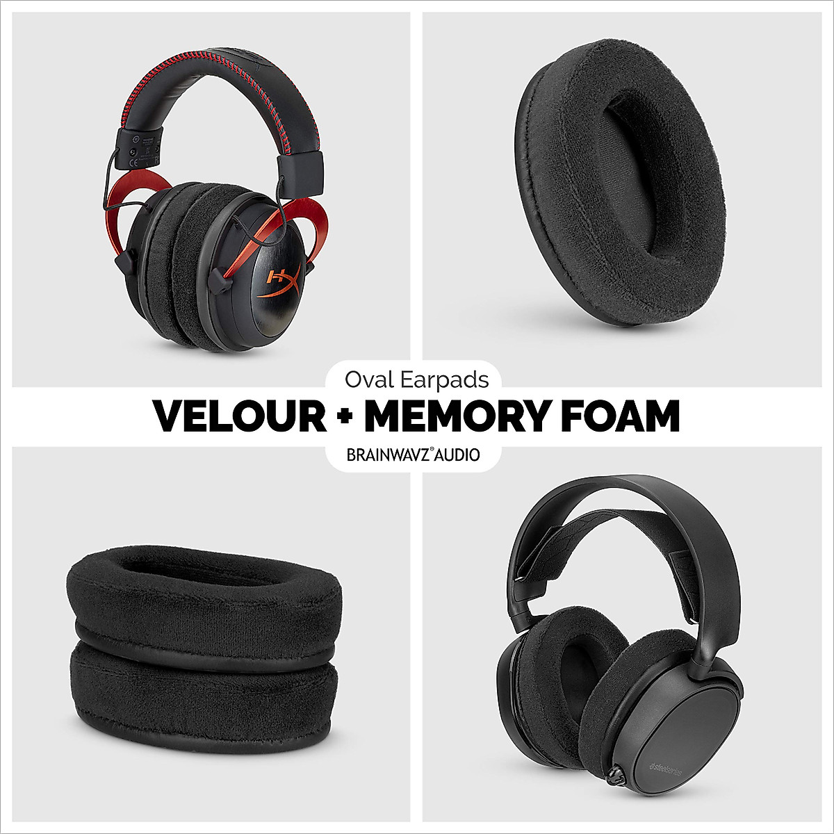 Velor Replacement Ear Pads for HyperX Cloud & Alpha, ATH M50X, Steelseries Arctis, Logitech G Pro & More Headphones, Soft Velour, Memory Foam & Long Lasting Earpads by Brainwavz - Black