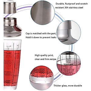 Mixixi Cocktail Shaker, 12oz Glass Martini Shaker, Recipes Measured Mixing Stainless Steel Top Cobbler Shaker