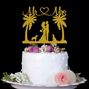 Mr & Mrs Cake Topper Tropical Wedding Cake Decorations Palm Tree Hawaii Beach Wedding Party Supplies Bride & Groom with Dogs Gold Glitter