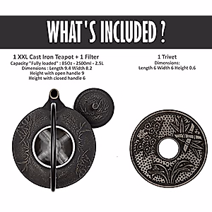 XXL Cast Iron Teapot Xtra Large Capacity 85Oz/2500ml with Trivet and Loose Leaf Tea Infuser, Large Cast Iron Teapot Kettle Stovetop Safe. Tetsubin Coated with Enamel Interior - Big Teapot Black