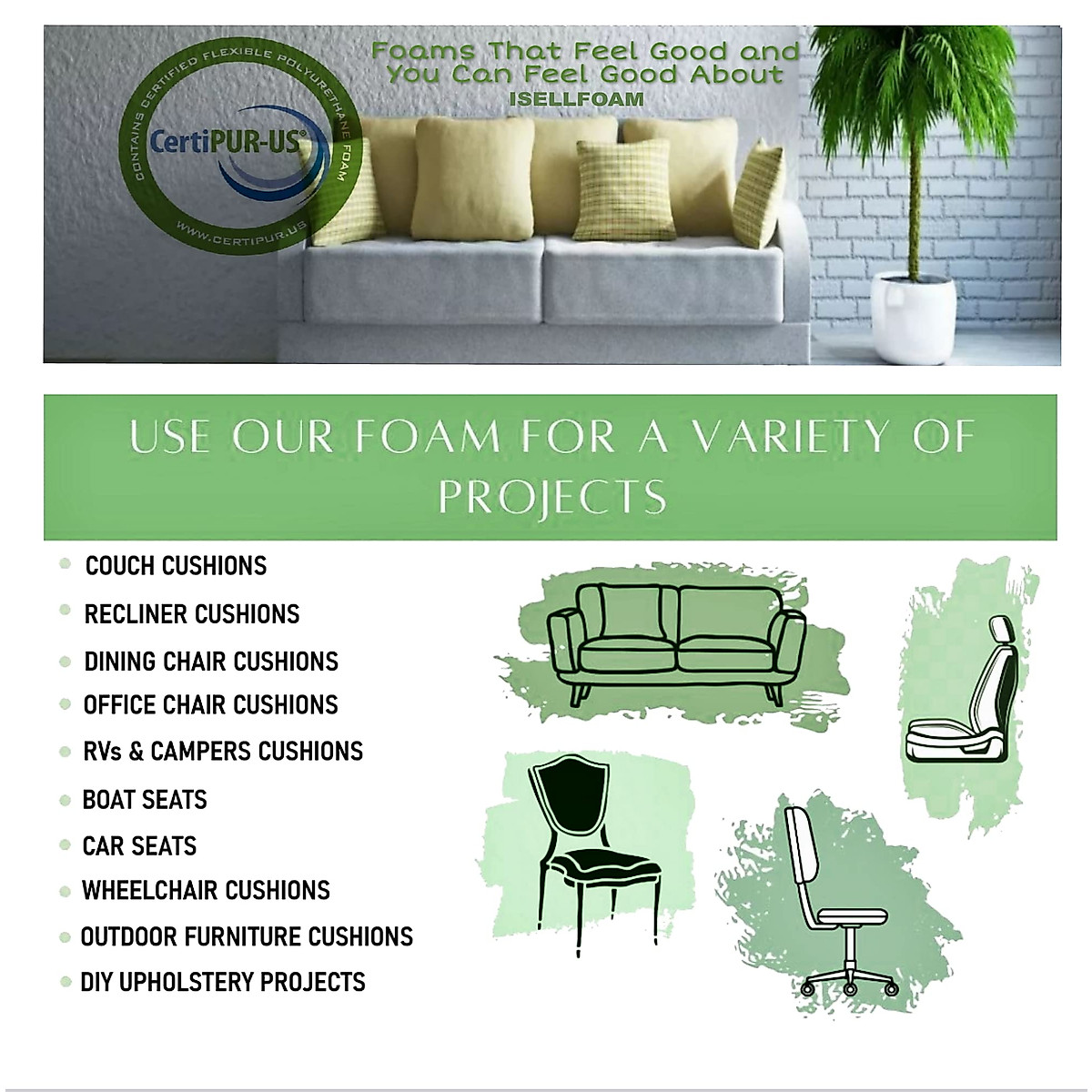 Isellfoam High Density Upholstery Foam 6 inches Height x 30 inches Width x 80 inches Length (Firm) Density 46ILD High Density Upholstery Foam Cushion CertiPUR-US Certified Foam, Made in USA