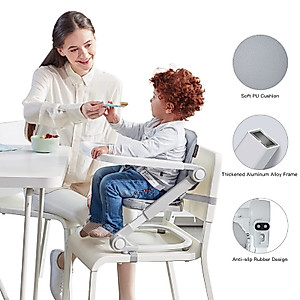 Toddler Booster Seat for Dining Table, Portable High Chair Travel Booster Seat with Aluminum Frame, Soft PU Cushion and Adjustable Height&Tray, Easy to Clean(Grey)