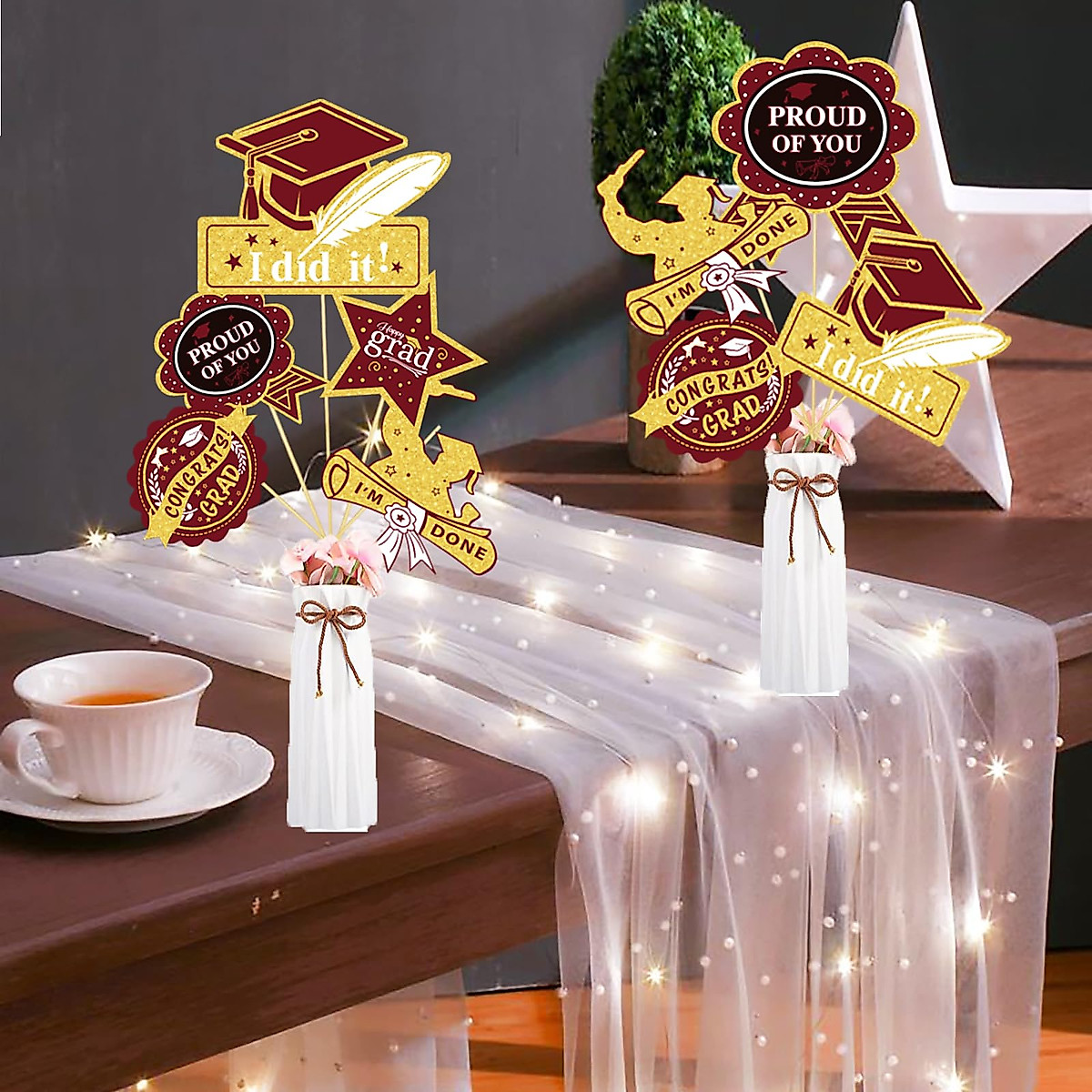 Graduation Party Decorations Maroon Gold 2023/Burgundy Gold Graduation Party Supplies Maroon Grad Table Centerpieces-24Pcs Burgundy Gold Black Graduation Sticks Class of 2023 Table Topper