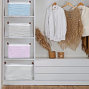 Extra Large Storage Basket organizer Fabric Storage Bin for shelf Closet Organizer Bin Collapsible Storage Box with PU Leather Handles and Drawstring Closure (Waterproof Lining, Grey Stripe,2Pack)