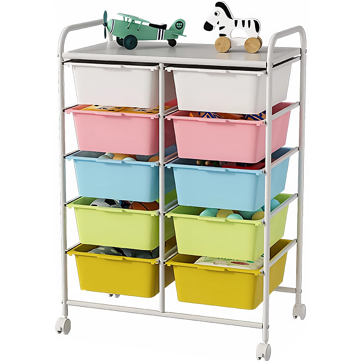 Ytaoka 10 Drawers Rolling Storage Cart, Plastic Drawer Cart with Metal Frame, Multipurpose Art Craft Cart Organizer with Wheels, Utility Cart with Drawers for Home, Office, School, Multicolor