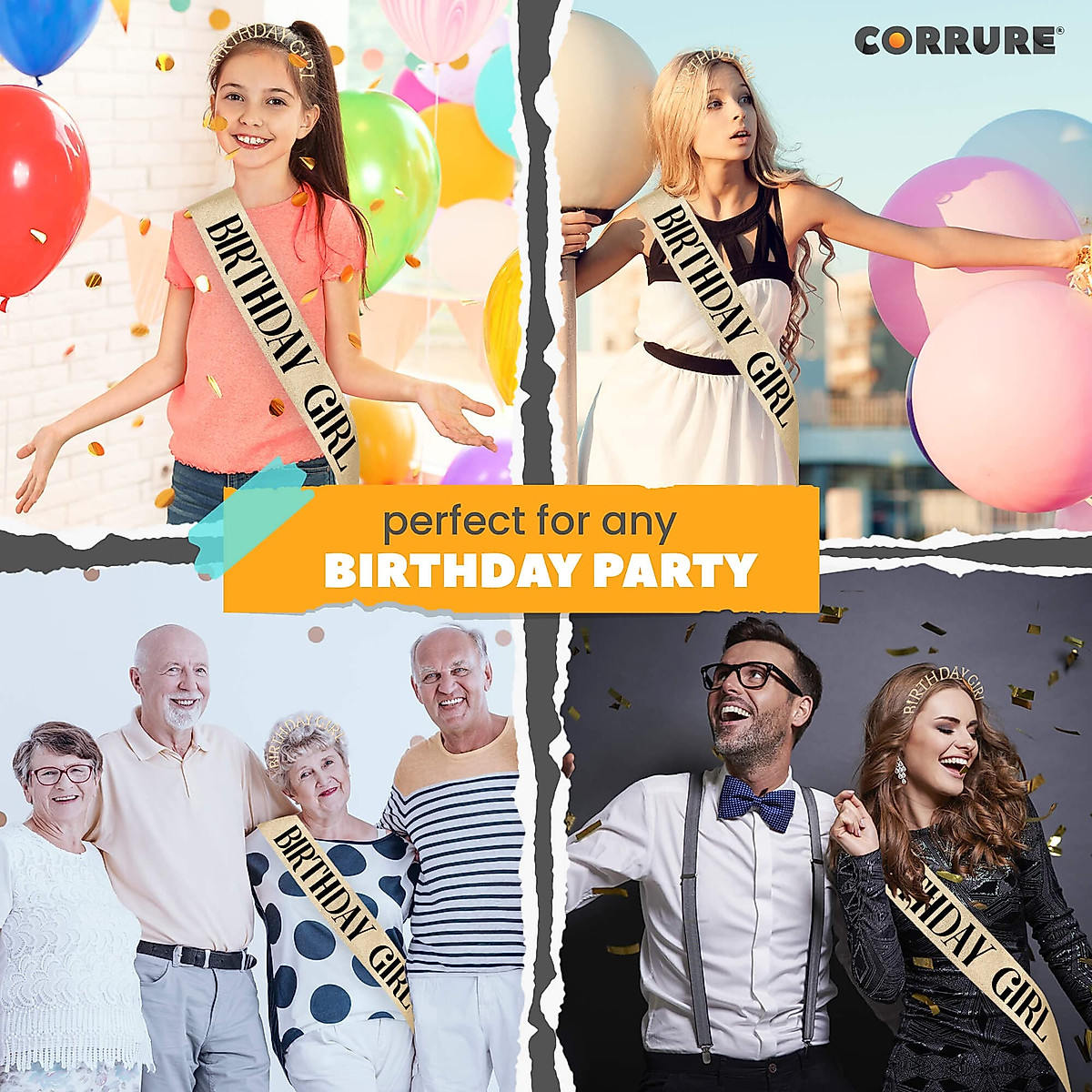 CORRURE 'Birthday Girl' Sash and Headband Tiara - Gold Glitter with Black Foil Happy Birthday Sash and Tiara for Women - Party Favors Supplies and Decorations for 18th 21st 30th 40th Bday Party