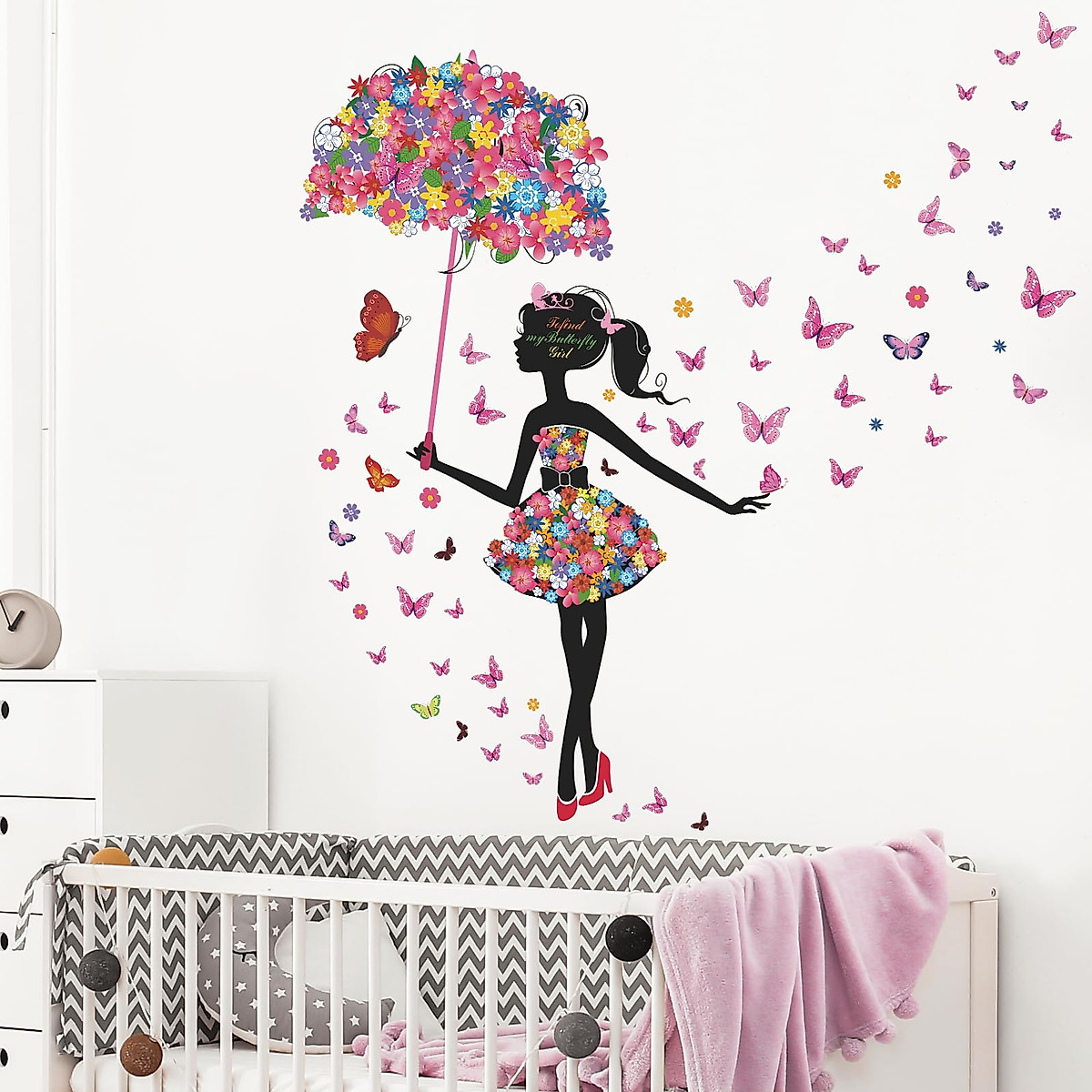 Supzone Flower Fairy Wall Decal Girl with Umbrella Wall Sticker Colorful Butterfly Floral Wall Decor DIY Vinyl Mural Art for Girls Baby Nursery Bedroom Living Room Playroom