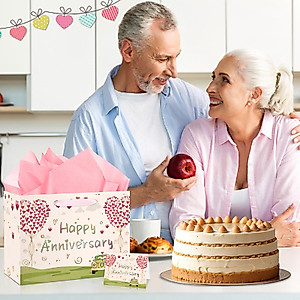 RUMIA Anniversary Party Gift Bag Wedding Anniversary Wrapping Paper Bag with Tissue Paper Greeting Card Happy Anniversary Party Gift Wrap for Women Wife Christmas Wedding Anniversary Party Supplies