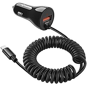 [Apple MFi Certified] Weduda iPhone Car Charger 30W Super Fast Car Phone Charger Cigarette Lighter QC 3.0 Adapter with Build-in 6FT Coiled Lightning Cable for Apple iPhone 14/13/12/11/XR/Max,iPad