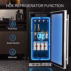 HCK Beverage Refrigerator 15 Inch, Under Counter Beverage Fridge with Stainless Steel Door, 3.18 cu.ft Built-in and Freestanding Outdoor Mini Fridge for Patio, Outdoor Kitchen, Soda and Beer