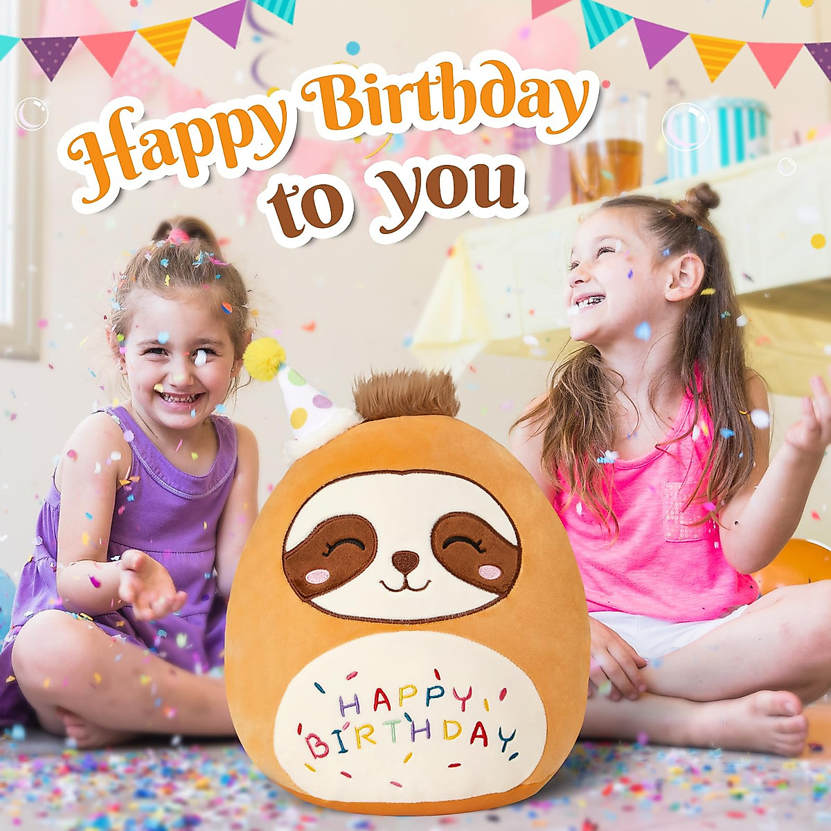 CozyWorld 15" Birthday Sloth Plush Pillow Soft Sloth Plush Toy Cute Sloth Stuffed Animal Home Room Decoration Birthday Gift for Kids Toddlers Brown