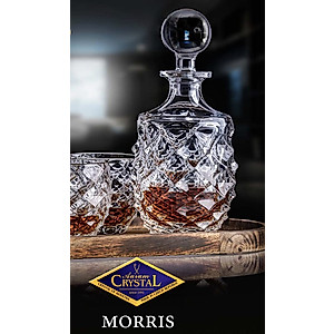 Czech Crystal Glass Whiskey Set 1+6 Elegant Design "Morris" Decanter 25oz./750ml.+Tumblers 11oz./320ml. Heavy Base Old Fashioned Style Bourbon Scotch Brandy Vodka Birthday Wedding Housewarming Gift
