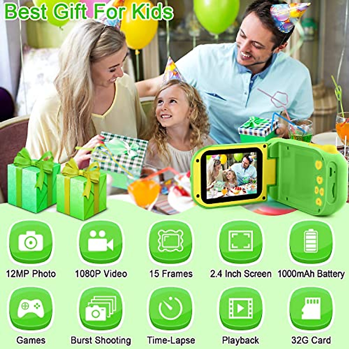 GKTZ Children Video Camera - Kids Digital Camera Toddler Toy Camcorder Birthday Gifts for Boys and Girls Age 3 4 5 6 7 8 9, 12MP Kids Video Recorder with 32GB SD Card - Green