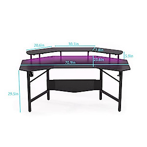 PAKASEPT Gaming Desk with Led Lights, 70.9” Large Wing-Shaped Desk, Carbon Fiber Surface Gaming Table with Monitor Stand, Headphone Hanger & Cup Holder & Dual Slots