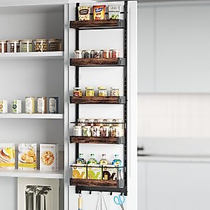 Nieifi Pantry Door Organizer,Spice Rack Organizer,5 Tier Adjustable Baskets Over The Door Organizers and Storage Metal Hanging Shelves Back of Door Organizer with Hooks for Pantry Kitchen (Wood)