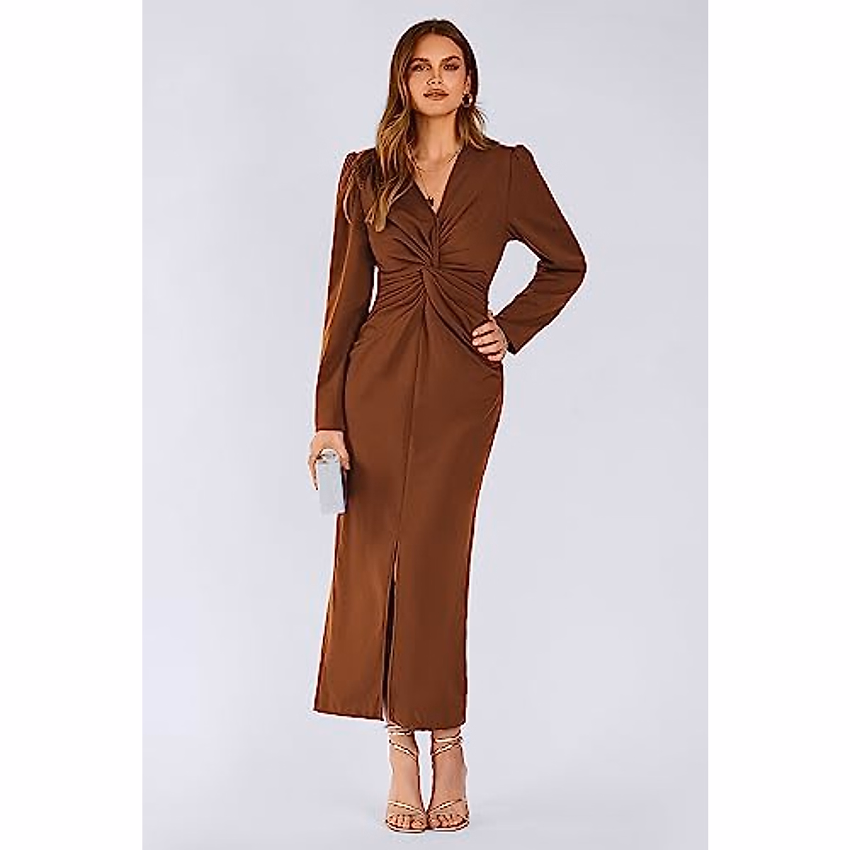 PRETTYGARDEN Women's Spring Fall Fashion Long Puff Sleeve Maxi Dresses V Neck Twist Front Formal Dress with Slit (Coffee,Large)