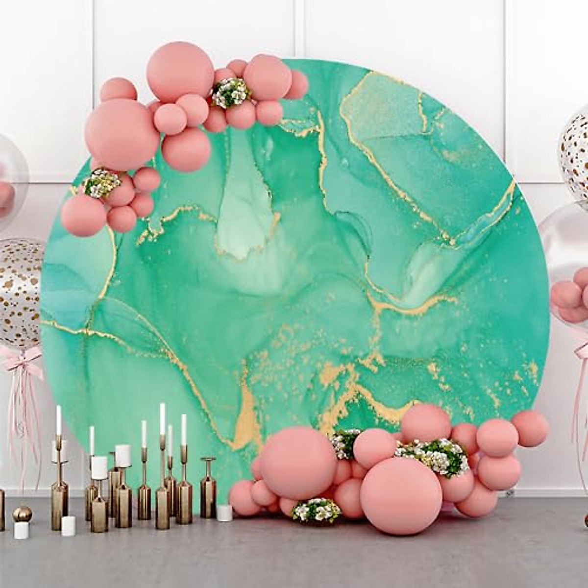 AWERT Polyester Diameter 6.5ft Round Marble Backdrop Green Marble Gold Texture Abstractism Photography Background Birthday Party Wedding Bridal Shower Photo Booth Decoration Props