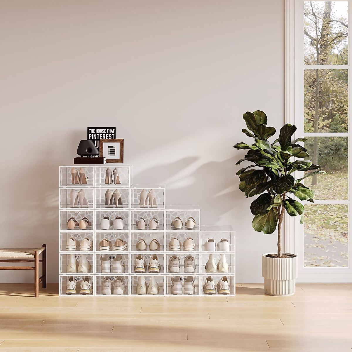 Pinkpum Storage Organizer, 12 Pack Large Shoe Boxes Clear Plastic, Foldable Sneaker Containers Stackable Storage Bins Closet Case Holder