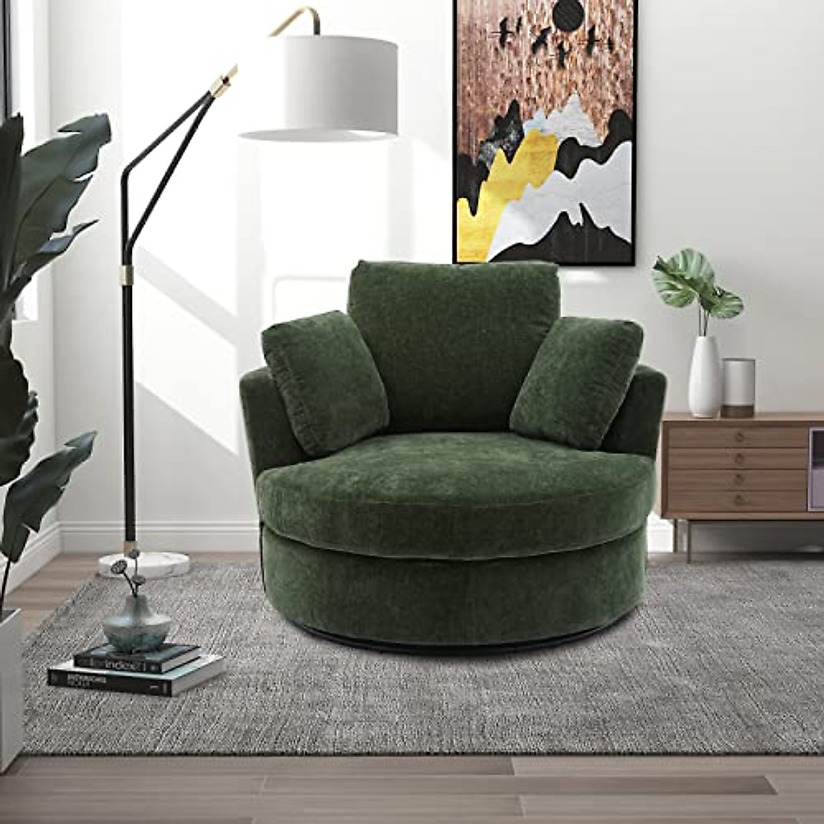 360° Swivel Accent Barrel Chair with 3 Pillows Furniture Set,Upholstered Oversized Leisure Round Loveseat Recliner Cozy Club Sofa Chaise Lounge Circle Armchair for Living Room/Hotel/Nursery/Office