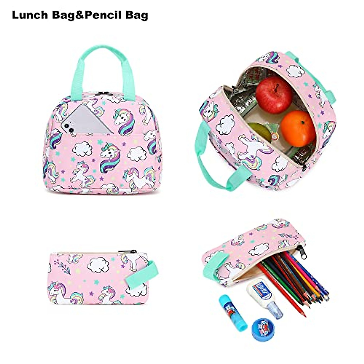 Unicorn School Backpack for Teen Girls, 3-in-1 Kids Backpack Bookbag Set School Bags with Lunch Box Pencil Case