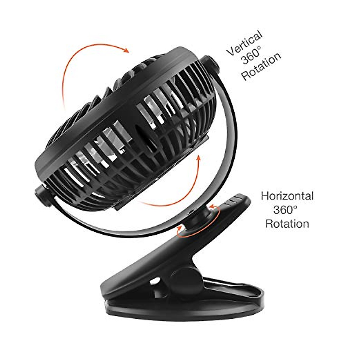 AJOYEUX Battery Operated Clip on Fan, Portable Rechargeable Personal fan (5 inch) for stroller, camping, cart seat, gym, Black