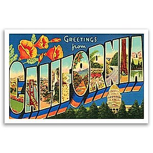 GREETINGS FROM CALIFORNIA vintage reprint postcard set of 20 identical postcards. Large letter US state name post card pack (ca. 1930's-1940's). Made in USA.