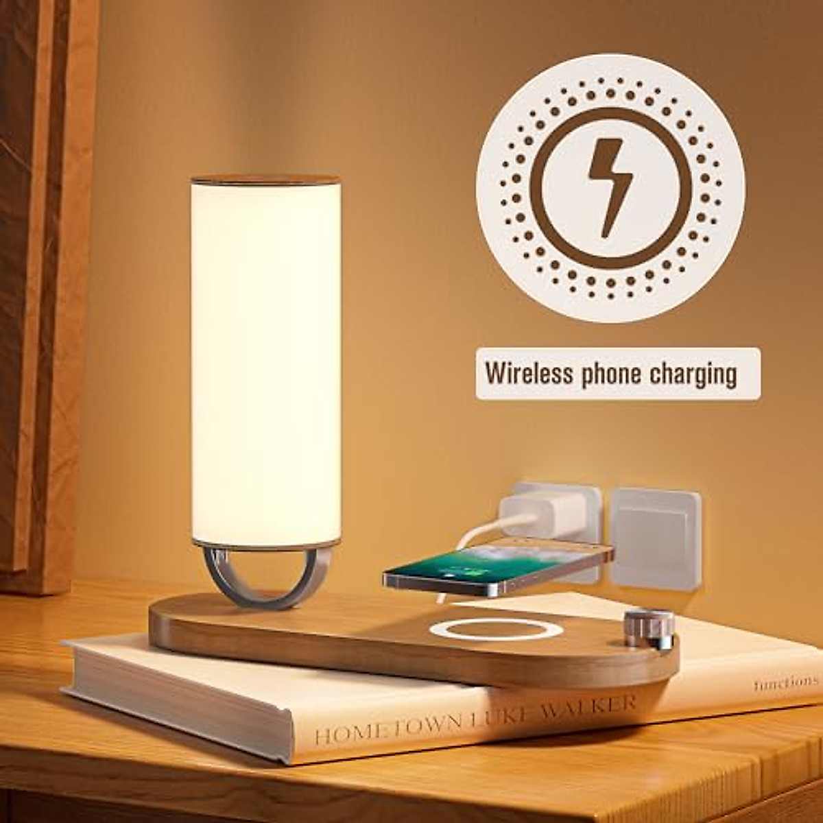 FLYSOFT Small Table Lamp Bedside Lamps for Nightstand Lamp with Wireless Charging, Small Table Lamps for Bedroom and Living Room, Wireless Charging Station Dimmable Lamp
