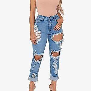 Maiyifu-GJ Women's High Waisted Ripped Boyfriend Jeans Loose Fit Distressed Destroyed Denim Pants Casual Comfy Stretch Jeans (Blue,Large)