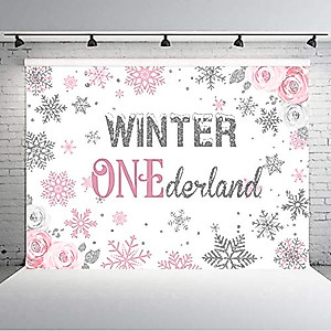 Aperturee 7x5ft Winter Onederland Backdrop, Newborn Baby Girl's First 1st Christmas Birthday Snowflake Background Photography Holiday Pink Silver Party Decoration Photo Booth Candy Table Decor Banner