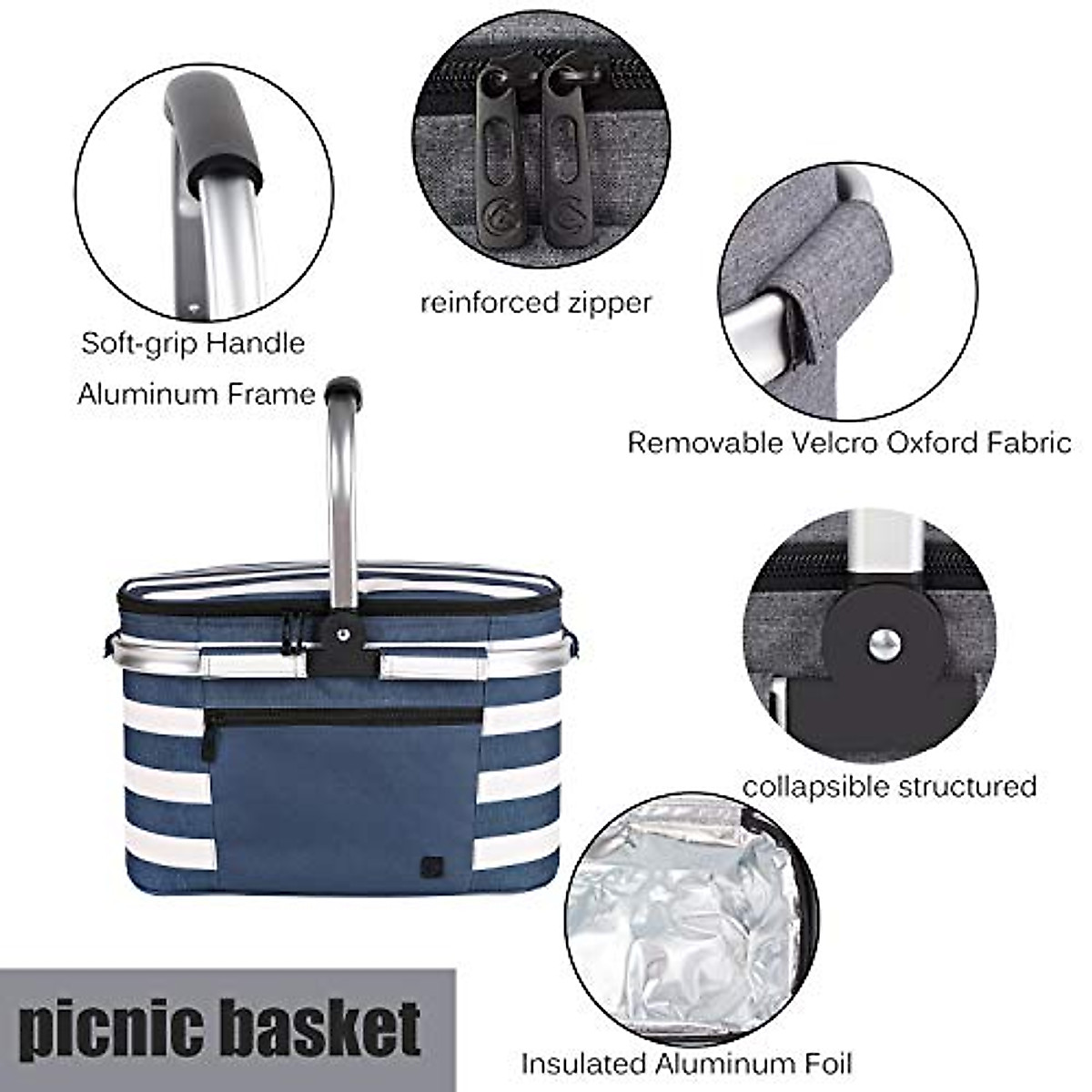ALLCAMP Insulated Picnic Baskets Shoping Basket Cooler Bag Collapsible Portable Picnic Basket (Blue White Stripe)