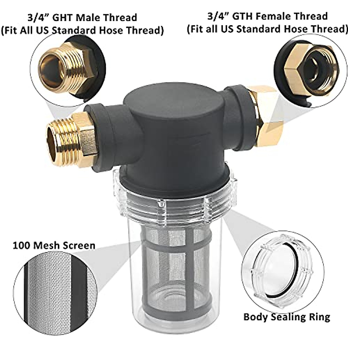 STYDDI Garden Hose Sediment Filter, Garden Hose Debris Inlet Filter Attachment with 100 Mesh Screen, for Pressure Washer Inlet and Transfer Pump, Rain Barrels, Spigot, with 2 Extra 100 Mesh Screen